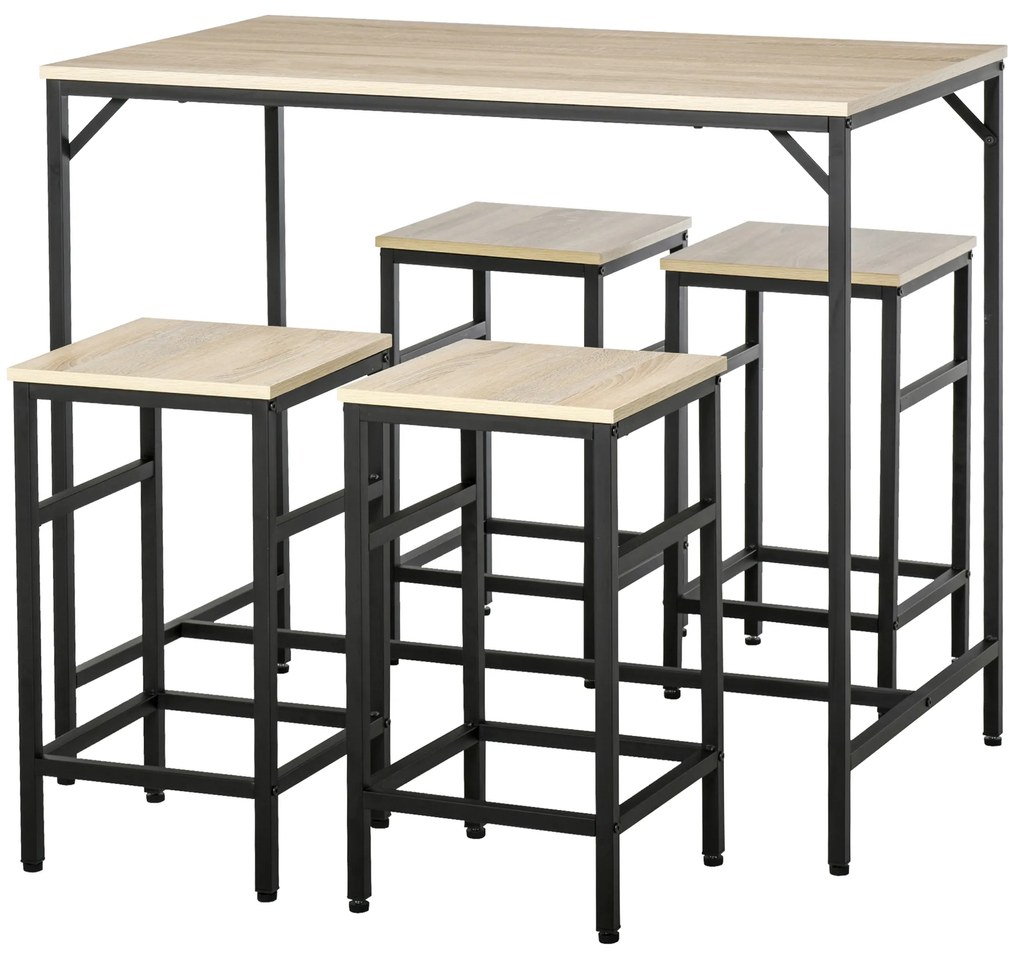 HOMCOM Barový set 5dílný s vysokým stolem a 4 barovými židlemi, kuchyňská linka, jídelní set, ocelový dub černý 100x60x88cm | Aosom.de