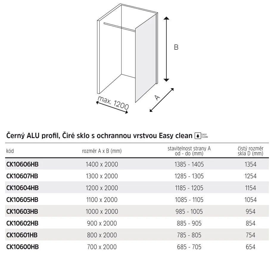 Mereo Novea sprchová stěna WALK IN 80 x 200 cm sklo Čiré ALU black CK10601HB