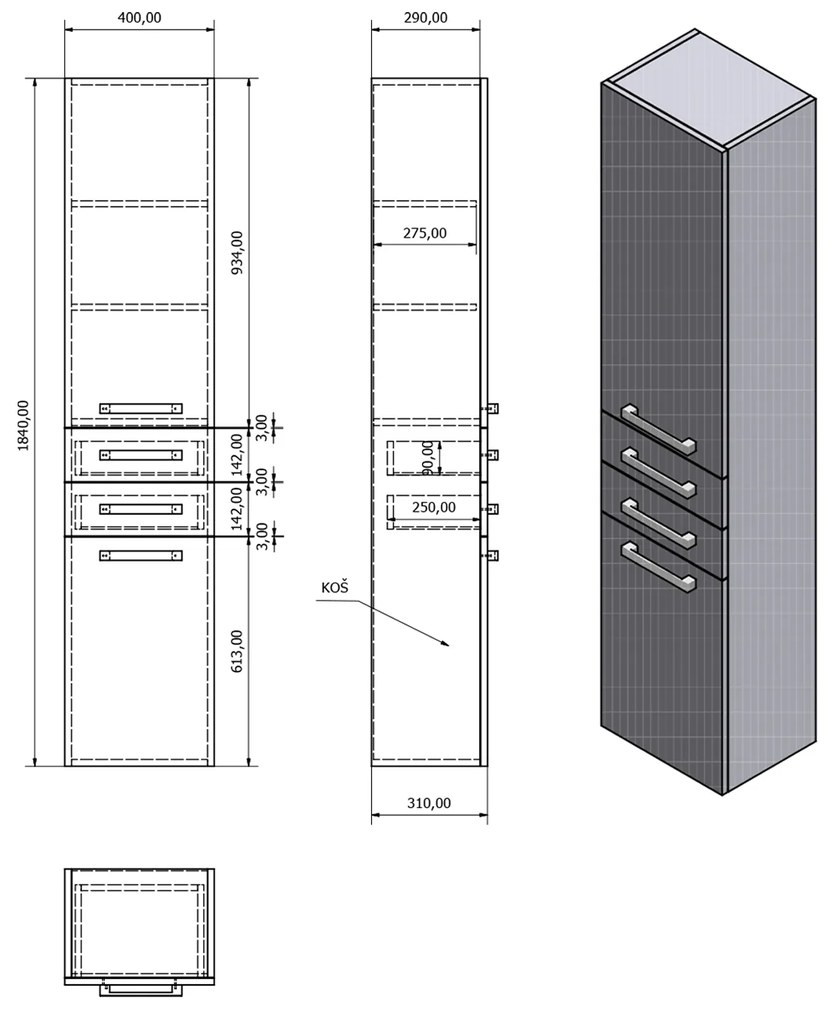 Aqualine, VEGA Skříňka vysoká s košem, 40x184x31cm, bílá, VG180