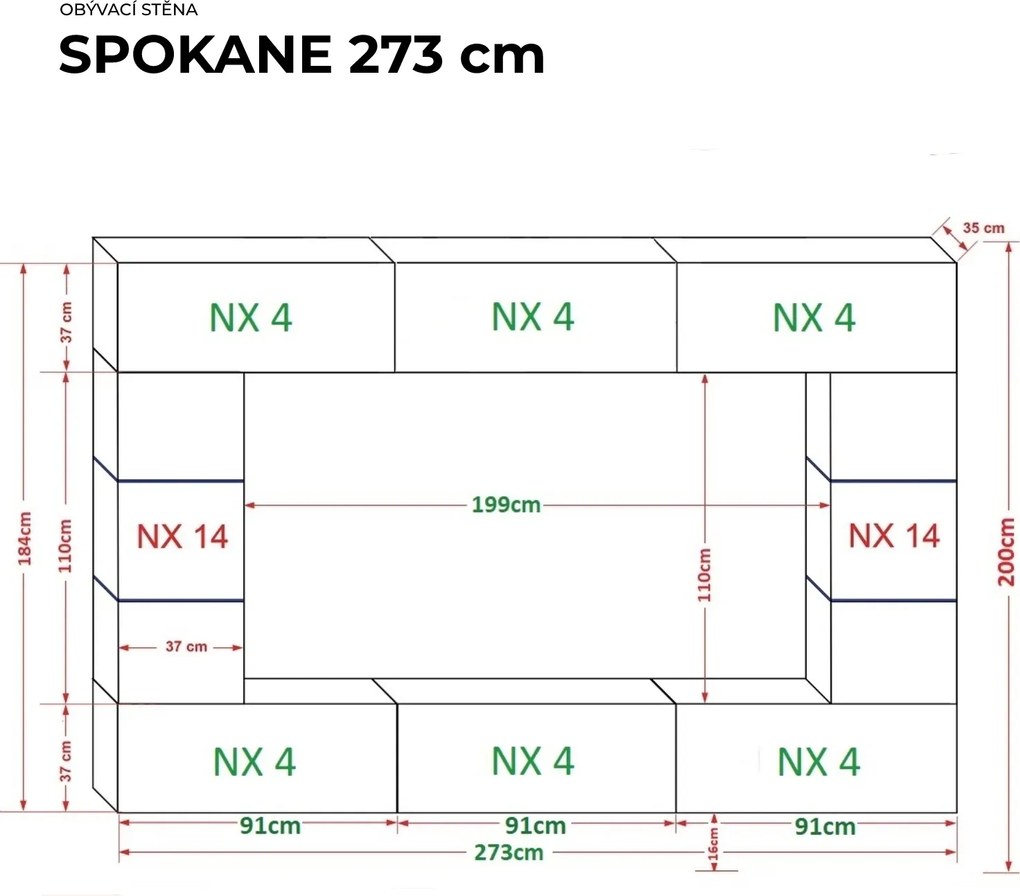 Ral Obývací stěna SPOKANE 4, 273 cm - Černý lesk