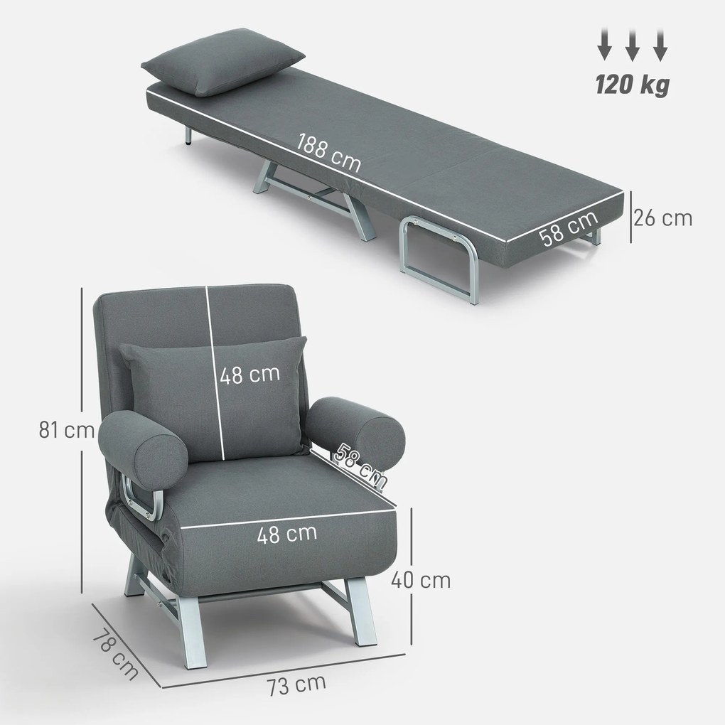 HOMCOM Rozkládací křeslo, čalouněné křeslo, přeměnitelné na postel pro hosty, ergonomické, tmavě šedé
