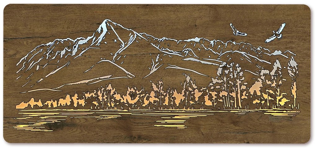 Li-Go "Hory s ptáky" světelný obraz s baterií 110x50cm varianta: ovládání na obraze bez dálkového ovladače, provedení: dub světlý