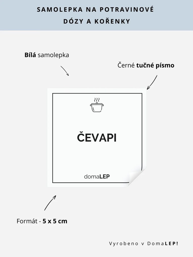 Samolepka na kořenky ČEVAPI bílá 5 × 5 cm tučné písmo