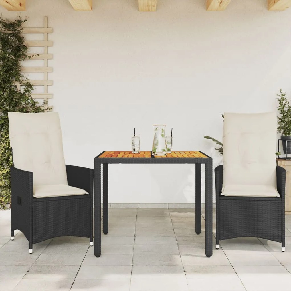 3dílný bistro set s poduškami černý polyratan a akácie 3276679