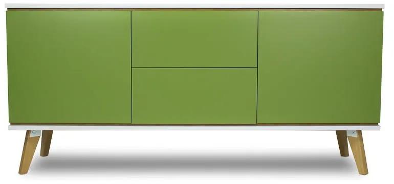 Dvoudveřová komoda v dekoru dřeva se 2 zásuvkami a zelenými detaily SKANDICA Jorgen
