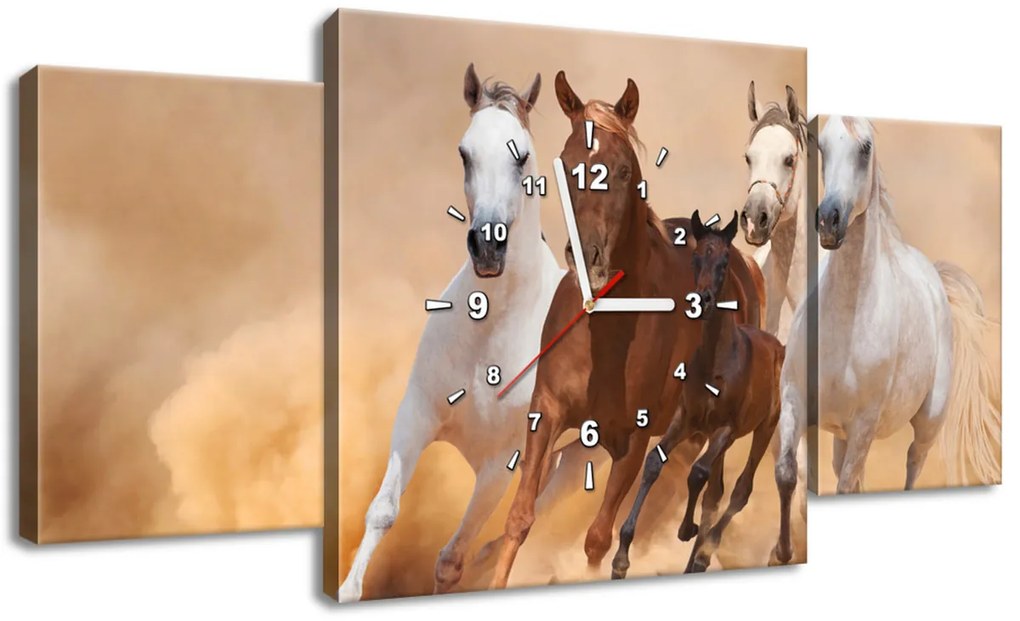 Gario Obraz s hodinami Cválající koně - 3 dílný Rozměry: 80 x 40 cm