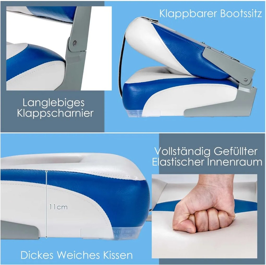 Costway Sada 2 skládacích sedadel na loď modrá + – 50 × 42 × 52 cm, bílý