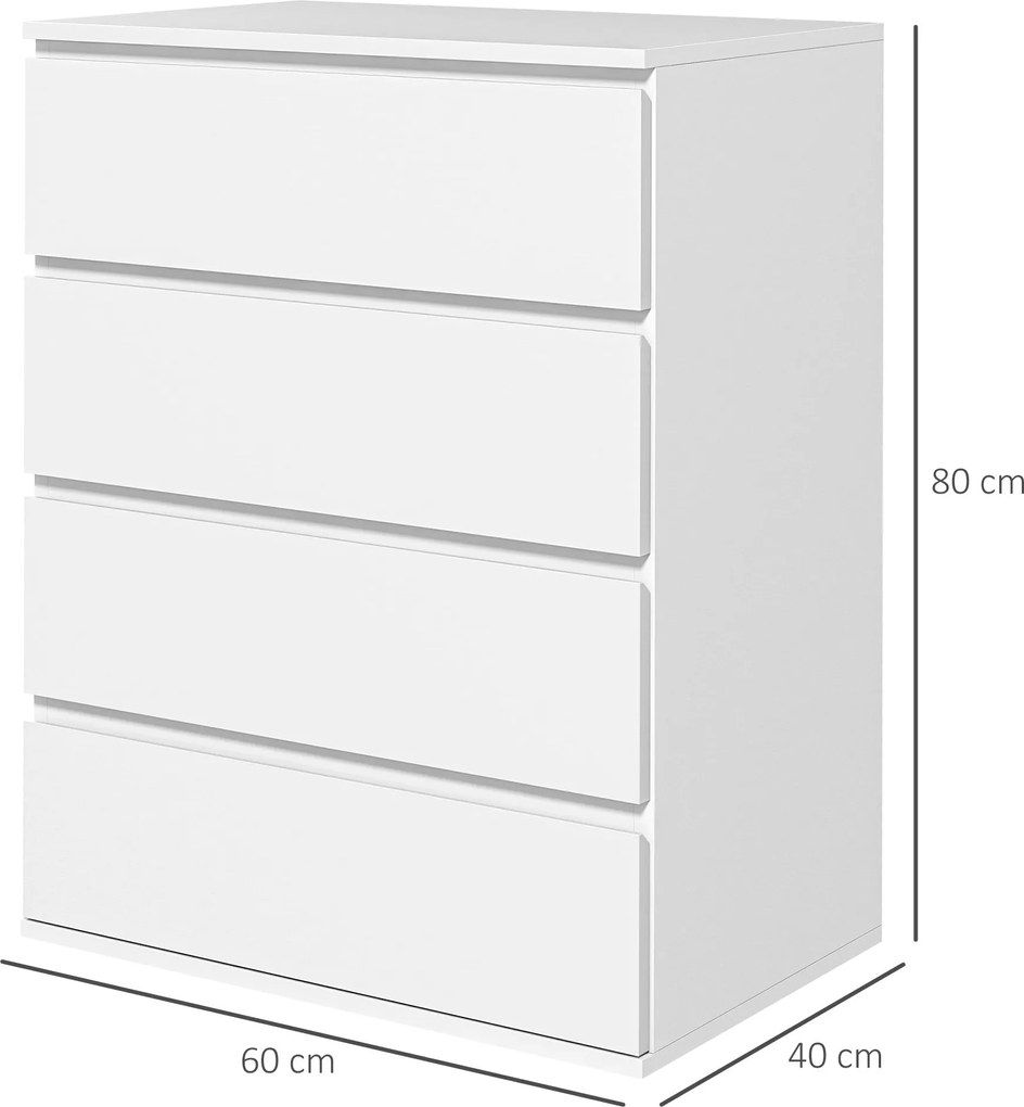 HOMCOM Úložná Komoda s 4 Zásuvkami Moderní Styl s Mechanismem Tichého Zavírání - 60 x 40 x 80 cm, Bílá | Aosom