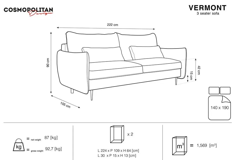 Šedá sametová rozkládací/s úložným prostorem pohovka 222 cm Vermont - II. jakost – Cosmopolitan Design