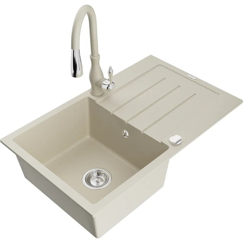 Mexen Bruno, 1-komorový granitový dřez 795x495x200 mm a dřezová baterie Savita, béžová, 6513-69-672601-69