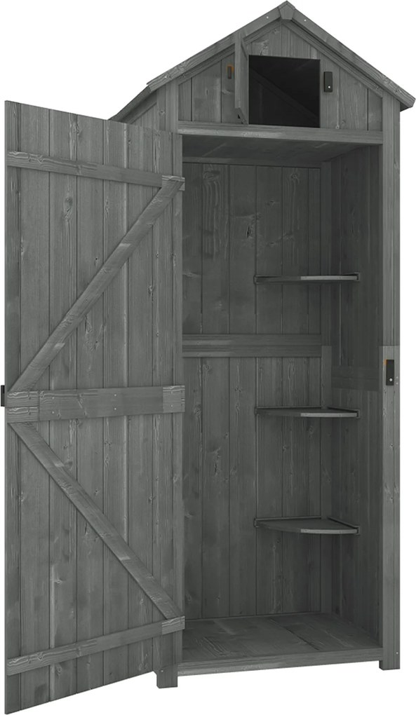 Dřevěná zahradní kůlna Outsunny, voděodolná kůlna na nářadí 77x54,2x179cm, kůlna s dveřmi, štítová střecha, skříň na nářadí se policemi, kůlna na zah…