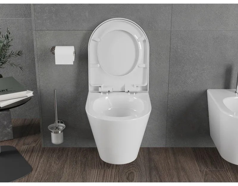 Mexen Rico, závěsná WC mísa 490x360x370 mm, Rimless Tornádo + WC sedátko z duroplastu, bílá lesklá, 30720200T