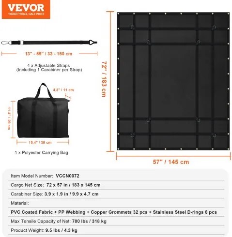 Síť na náklad Zesílené provedení Cargo Net 182,9 × 144,8 cm Nastavitelné přezky
