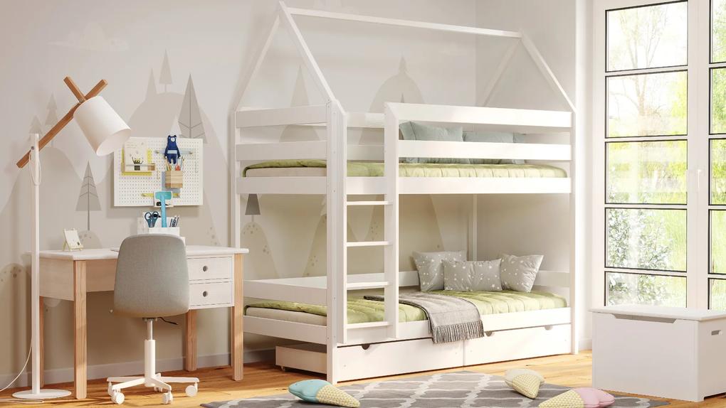 BabyBeds Dětská patrová postel DOMEČEK Velikost postele: 160x80 cm, Barva postele: Bílá, Úložný prostor: Dva menší šuplíky na kolečkách