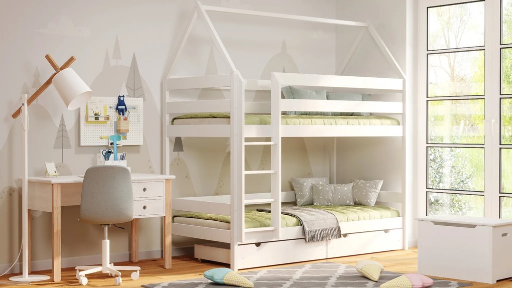 BabyBeds Dětská patrová postel DOMEČEK Velikost postele: 180x80 cm, Barva postele: Modrá, Úložný prostor: Jeden velký šuplík na kolečkách
