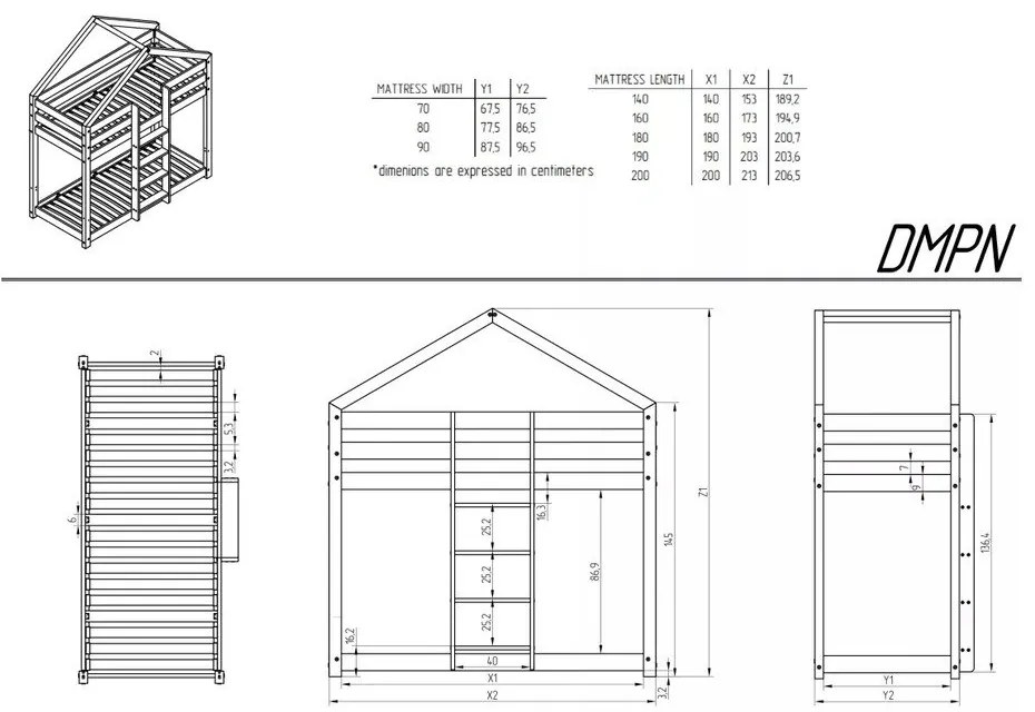 Domečková patrová dětská postel s roštem v přírodní barvě 90x180 cm DMPN – Adeko