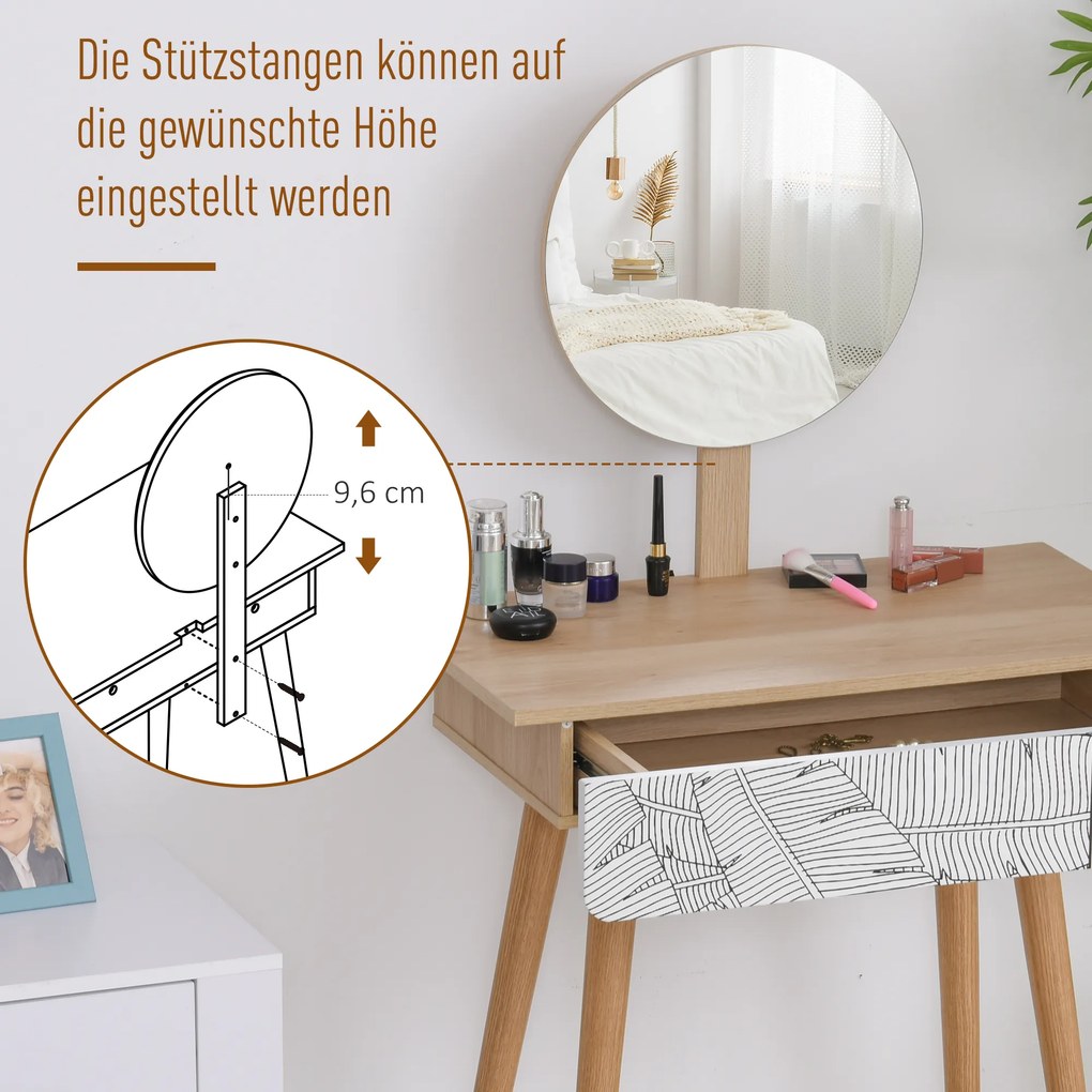 HOMCOM Toaletní stolek s kulatým zrcadlem Ф39cm, Toaletní stolek se zásuvkou s dekorací džungle, Bílý a dubový, 70x39x119-128cm