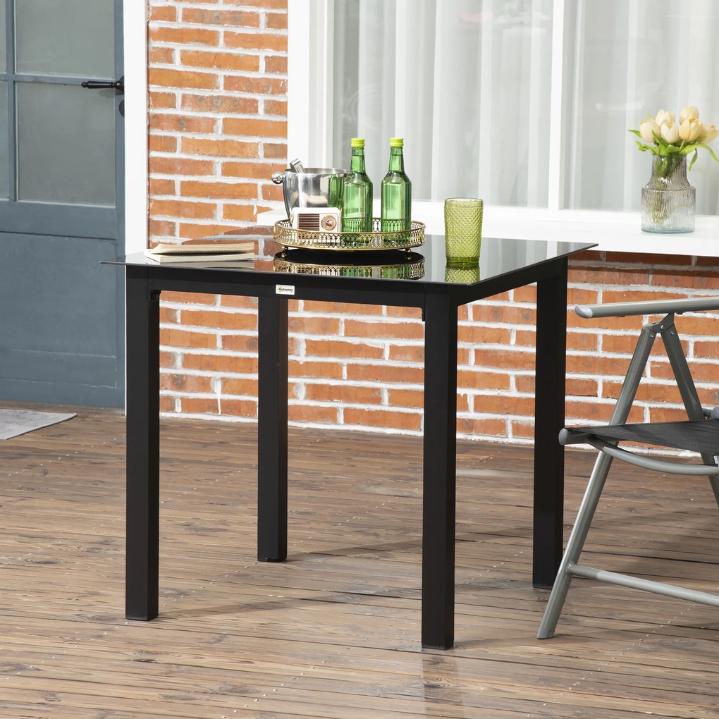 Outsunny zahradní stůl čtvercový pro 4 osoby, stůl na terasu s deskou z tvrzeného skla, hliníková černá 80x80x74cm pro zahradu a balkon | Aosom.de