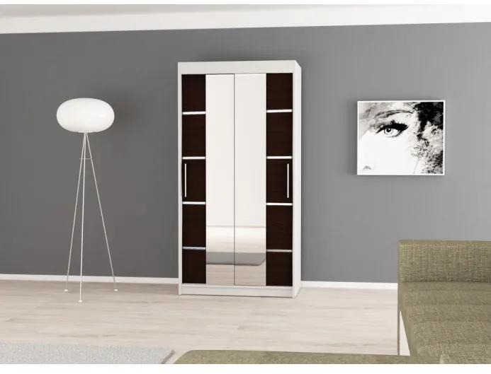 Moderní šatní skříň se zrcadly a posuvnými dveřmi Vivien 120 v barvě bílá-wenge