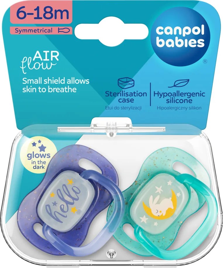 Canpol babies Dudlík svítící silikonový symetrický NIGHTGLOW 6-18m 2ks kluk