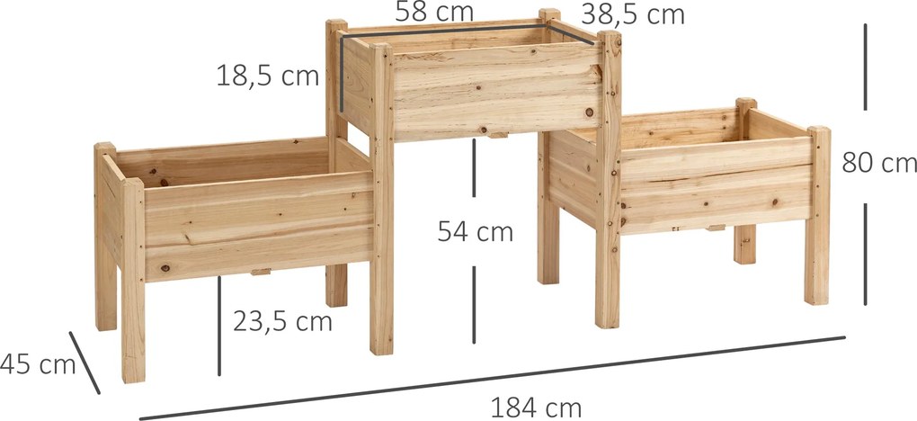 Vyvýšený záhon Outsunny se třemi dvoupatrovými kontejnery 184L x 45Š x 80V cm z předběžně ošetřeného jedlového dřeva pro zavlažování