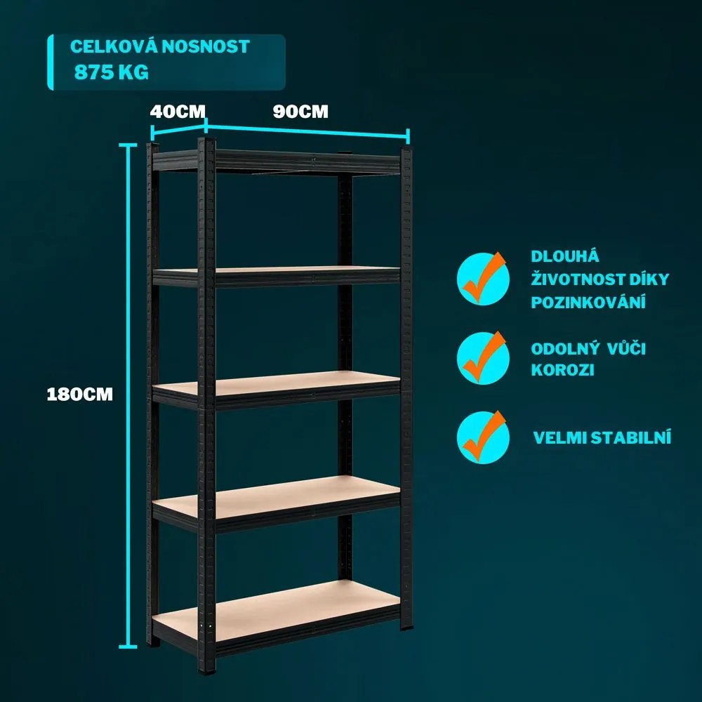 Regál s vysokou nosností HEAVY, max. 875kg, 90x40x180cm, černá Jurhan