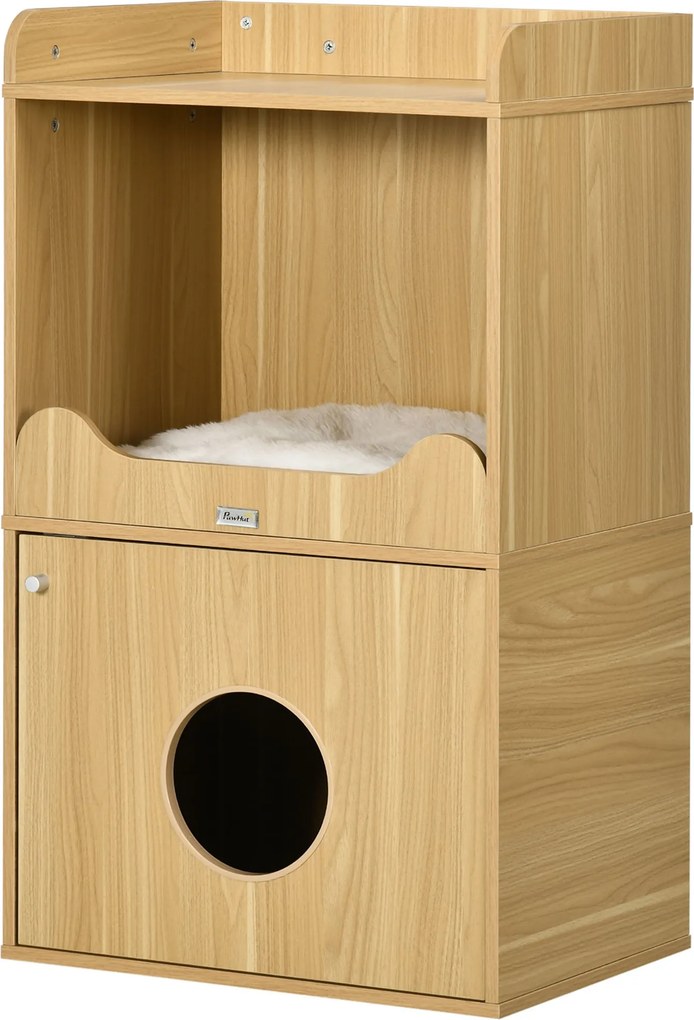 PawHut Kočičí záchodová skříňka, kabinet na kočičí záchod, 3 úrovně, oddělení uzavřené dveřmi, 1 polštář, 60 x 45 x 103 cm