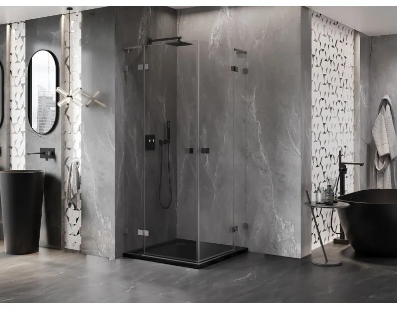Mexen Lunar, L Duo výklopný sprchový kout 90 x 90 cm, 8mm čiré sklo, profil grafit broušený, 834L-090L-090P-66-00