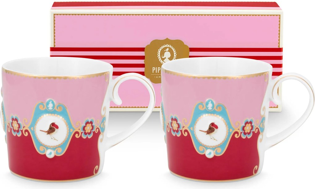 Pip Studio Love Birds sada 2 ks hrnků 165ml, červeno-růžová (Sada hrnků v dárkovém balení)