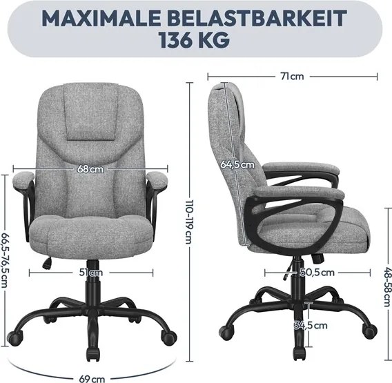Kancelářská židle Yaheetech – šedá, 69 cm (šířka) × 71 cm (hloubka) × 110 cm – 119 cm (výška) (267499488554)