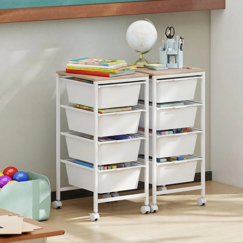 Costway Pojízdný zásuvkový vozík s 4 zásuvkami z plastu – 37 × 32,5 × 71 cm