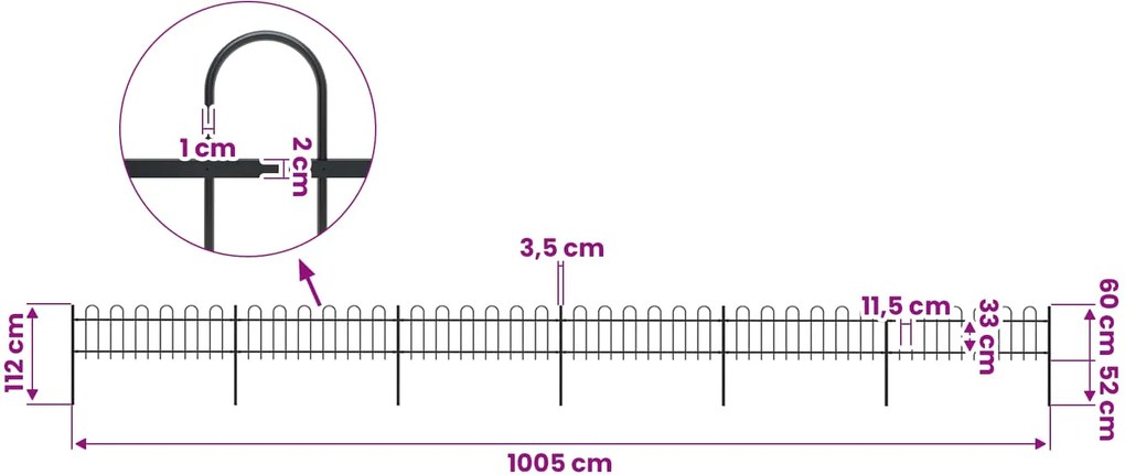 Zahradní plot s obloukem nahoře ocelový 1005 x 60 cm černý 277643