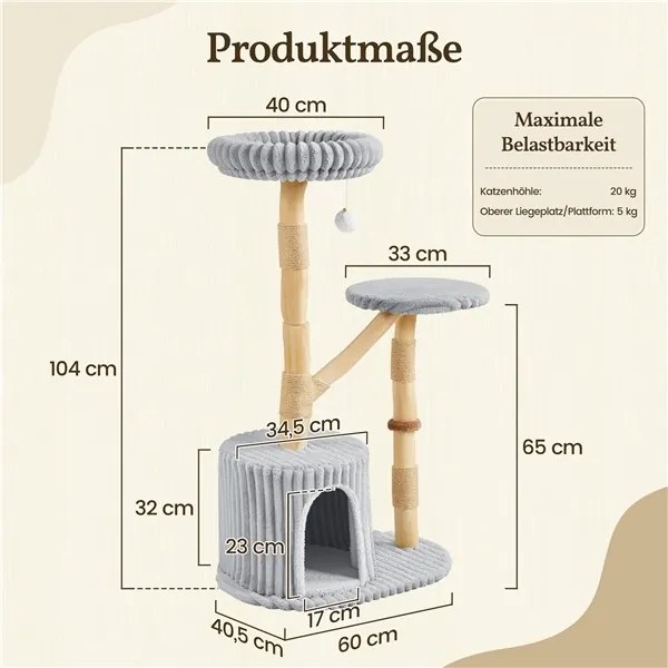 Škrabadlo pro kočky – světle šedá, 60 cm (délka) × 40,5 cm (šířka) × 104 cm (výška), 104 cm (267786932044)