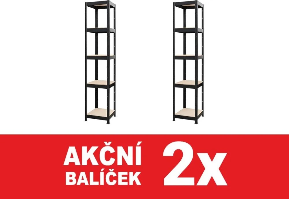 Akce 2x Regál 180x75x40 cm lakovaný 5-policový, nosnost 875 kg - černý