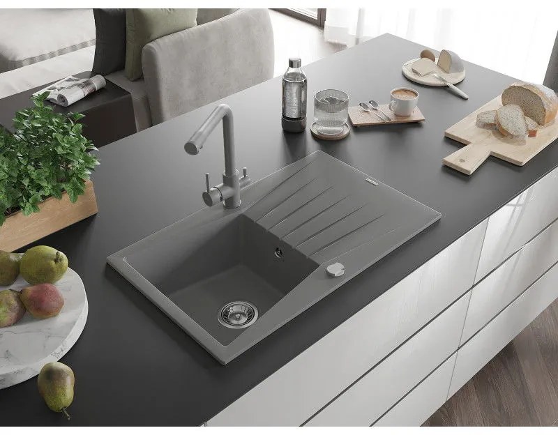 Mexen Cesar, granitový dřez 775x470x190 mm, 1-komorový a šedá matná baterie Duero, šedá, 6514-71-671600-71