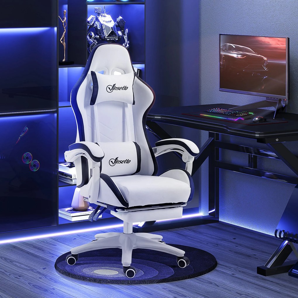 Vinsetto Herní Židle Racing Gamer Židle z PU Kůže s Nastavitelnou Výškou, Sklopením 135°, Opěrkou Hlavy, Bederní Opěrkou a Výsuvnou Opěrkou na Nohy p…
