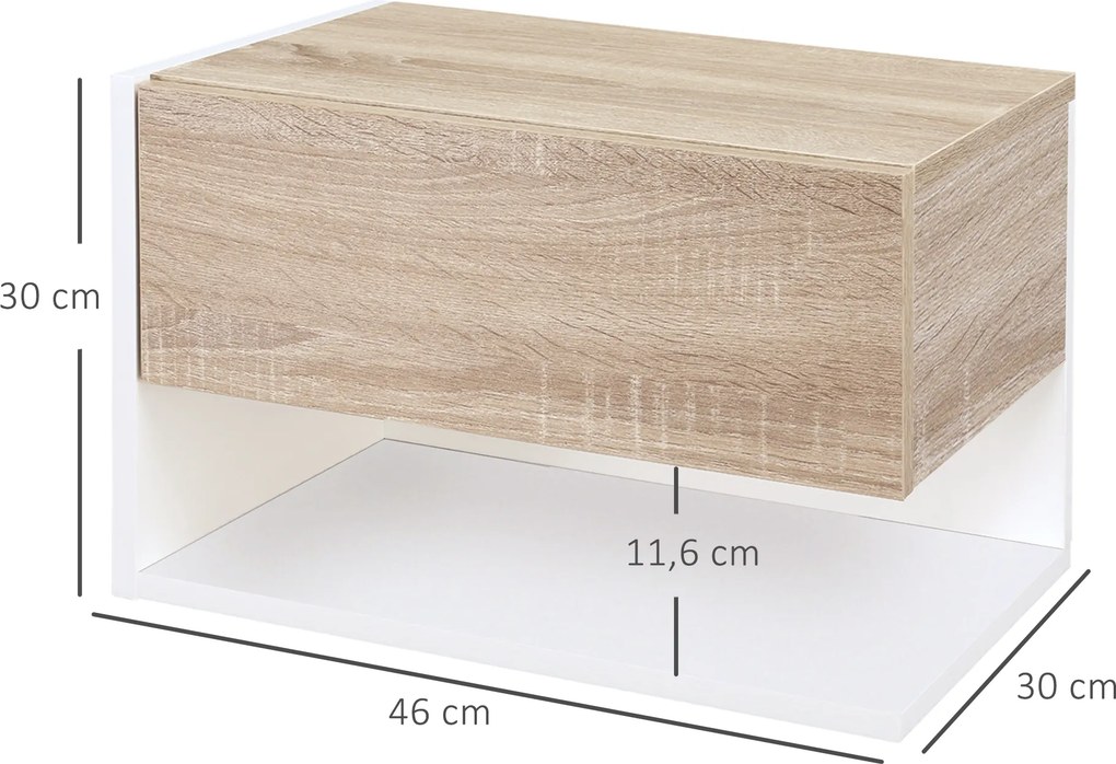 HOMCOM Sada 2 Floating Nočních Stolků Bez Noh K Hanging Noční Stolky s 1 Zásuvkou a Otevřenou Policou pro Ložnici 46x30x30 cm Dub a Bílá