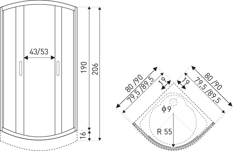 Novoterm Čtvrtkruhový sprchový kout NV-Intro 90x90 chrom/grafit - bez vaničky