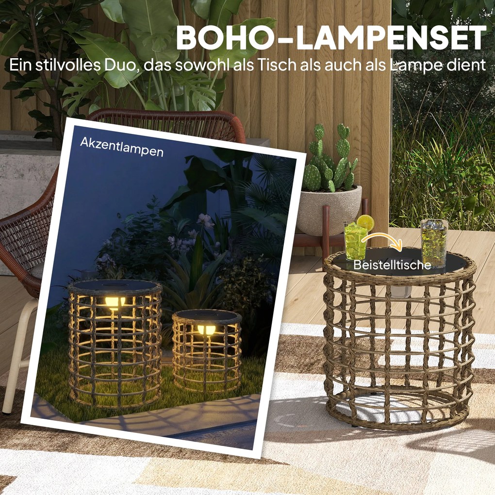 Outsunny Solární stojací lampa sada 2 ratanových solárních lamp se světelným senzorem LED solární světlo v boho stylu IP44