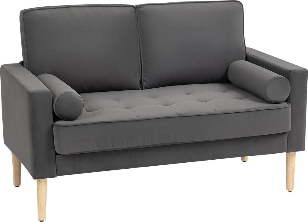 HOMCOM Moderní sametová pohovka pro 2 osoby 127 cm, silné pružinové polštáře, dřevěné nohy z kaučukovníku, 2 polštáře a prošívané sedadlo, pohovka pro