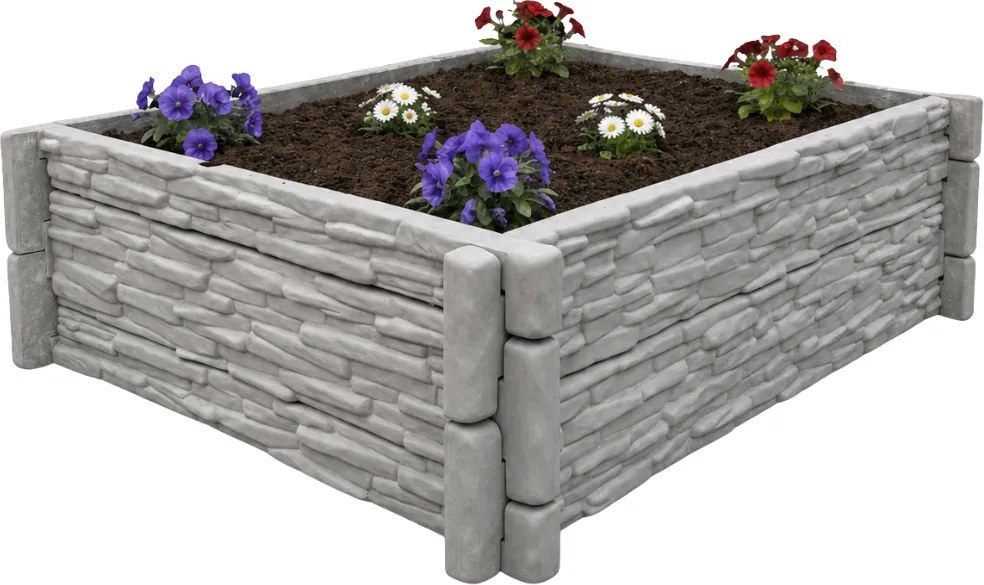 Báča Beton Betonový vyvýšený záhon - štípaný kámen 136 x 136 cm Výška záhonu: 50 cm, Barva záhonu: Přírodní šedá
