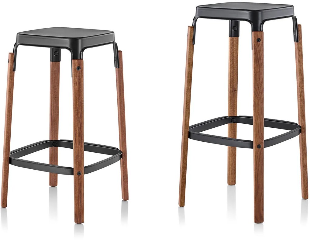 MAGIS - Barová židle STEELWOOD STOOL nízká - černá s tmavými bukovými nohami