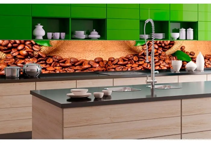 DIMEX | Fototapeta do kuchyně Káva KI-350-006 | 350 x 60 cm | zelená, béžová, hnědá