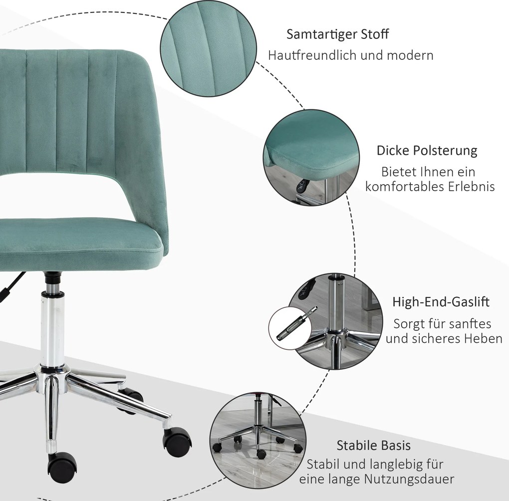 Židle Vinsetto, výškově nastavitelná kancelářská židle bez opěrek, otočná kancelářská židle s sametovým vzhledem, ergonomická make-up židle do ložnic…