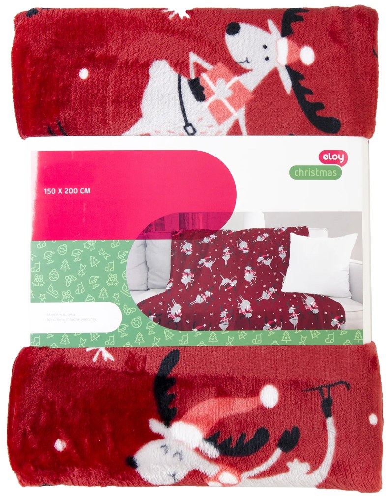 Vánoční deka z mikrovlákna XMAS TIME červená - sobík motiv A 150x200 cm
