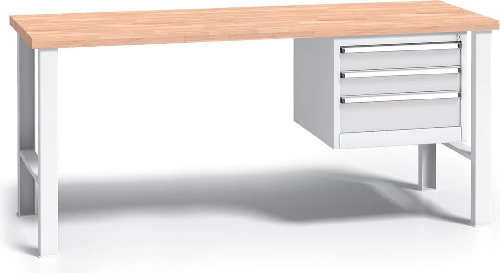 Pracovní stůl do dílny G3 se závěsným boxem na nářadí, buková spárovka, 3 zásuvky, pevné kovové nohy, 1700 mm, šedá