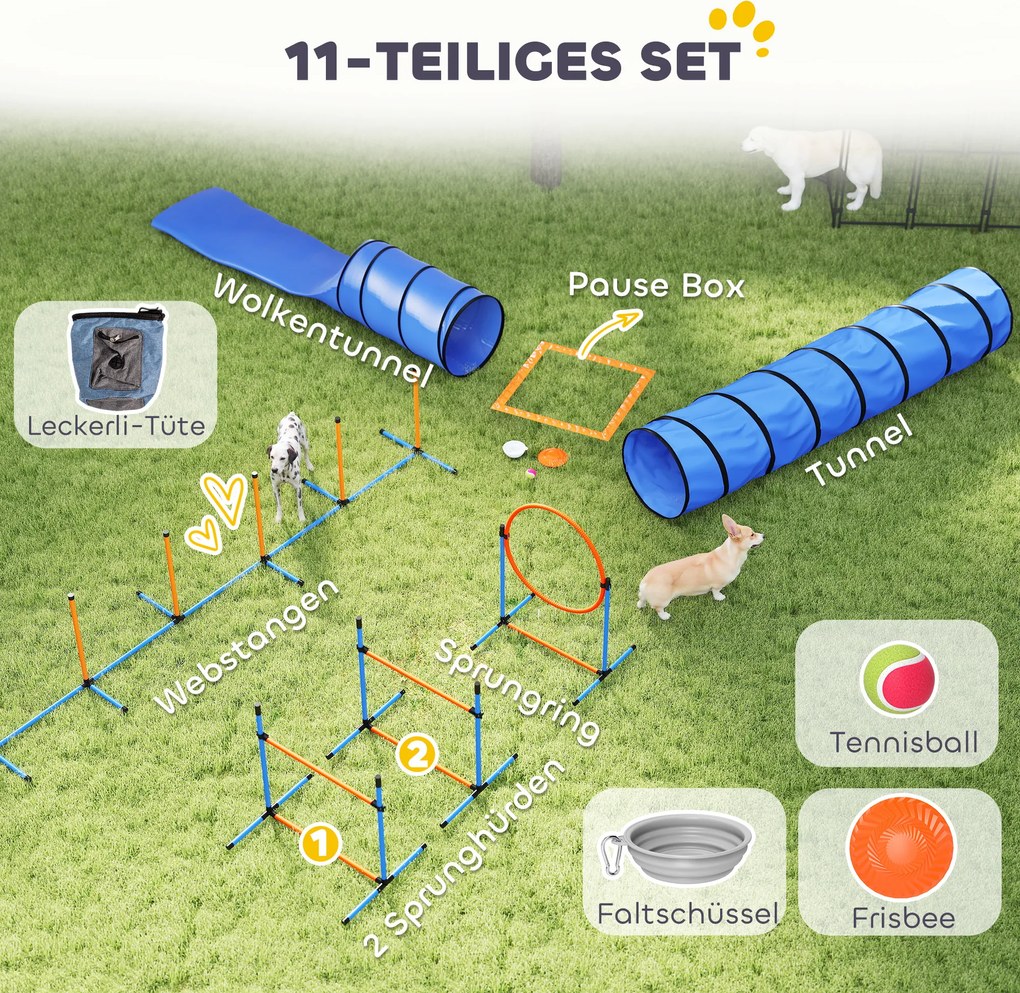 Agility set pro psy 11dílné agility vybavení pro psy se 2 tunely Výškově nastavitelný skákací kruh a překážky Slalomová tyč