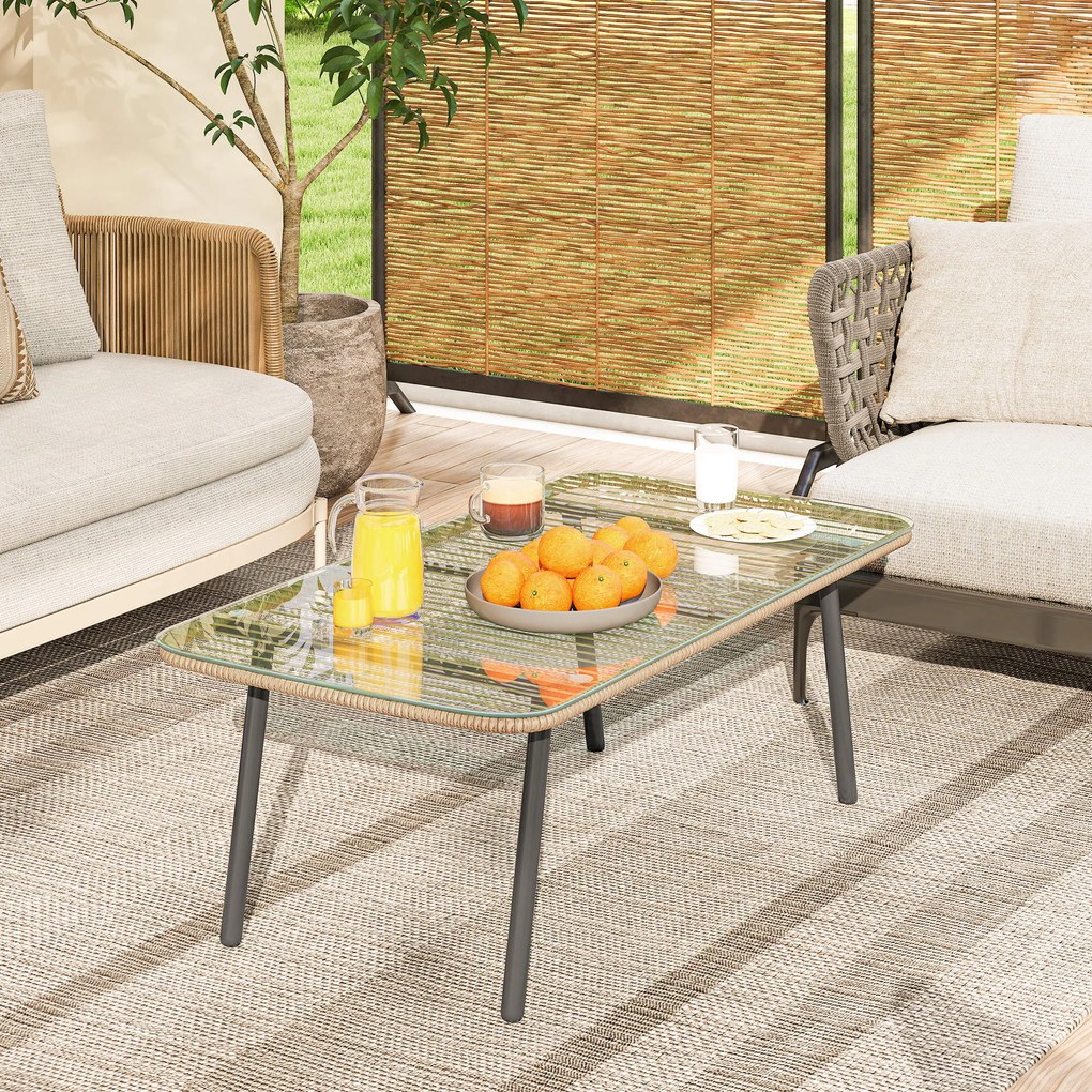 Outsunny Zahradní konferenční stolek z pleteného pryskyřice s 5mm tvrzeným sklem, stolky pro venkovní použití, zahradu, terasu, balkon, ocelový rám 11