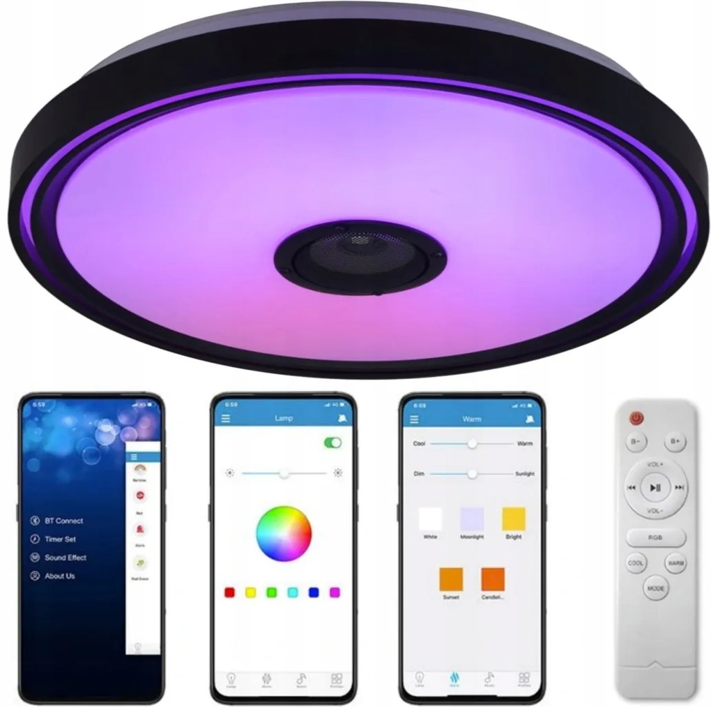 Lampa Stropní Svítidlo Led Rgb 72W Barvy Bluetooth Reproduktor Aplikace Dálkový Ovladač Paměť