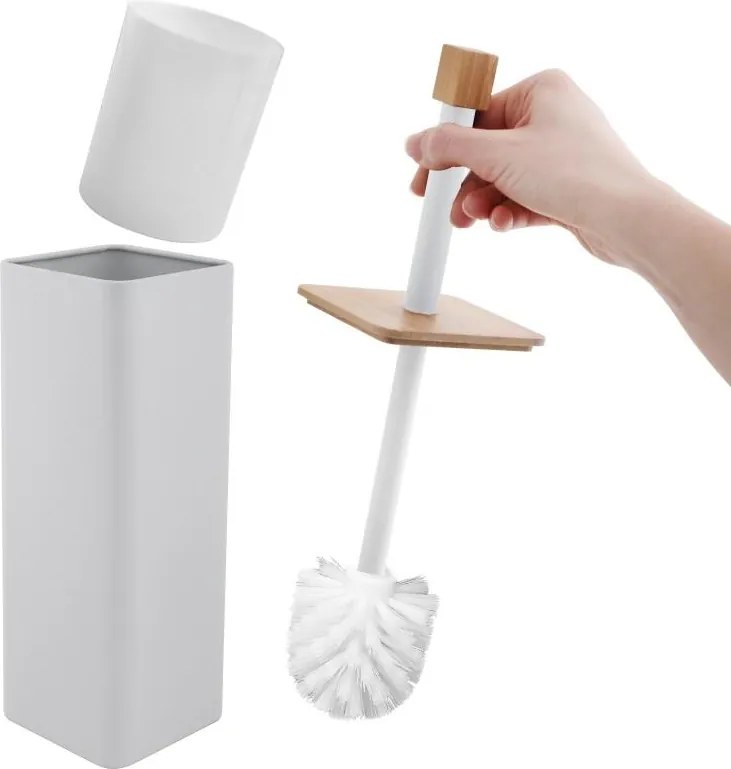 Erga Amba, hranatý toaletní WC kartáč na postavení, bílý matně-přírodní hnědý, ERG-YKA-PD.AMBA-WHT